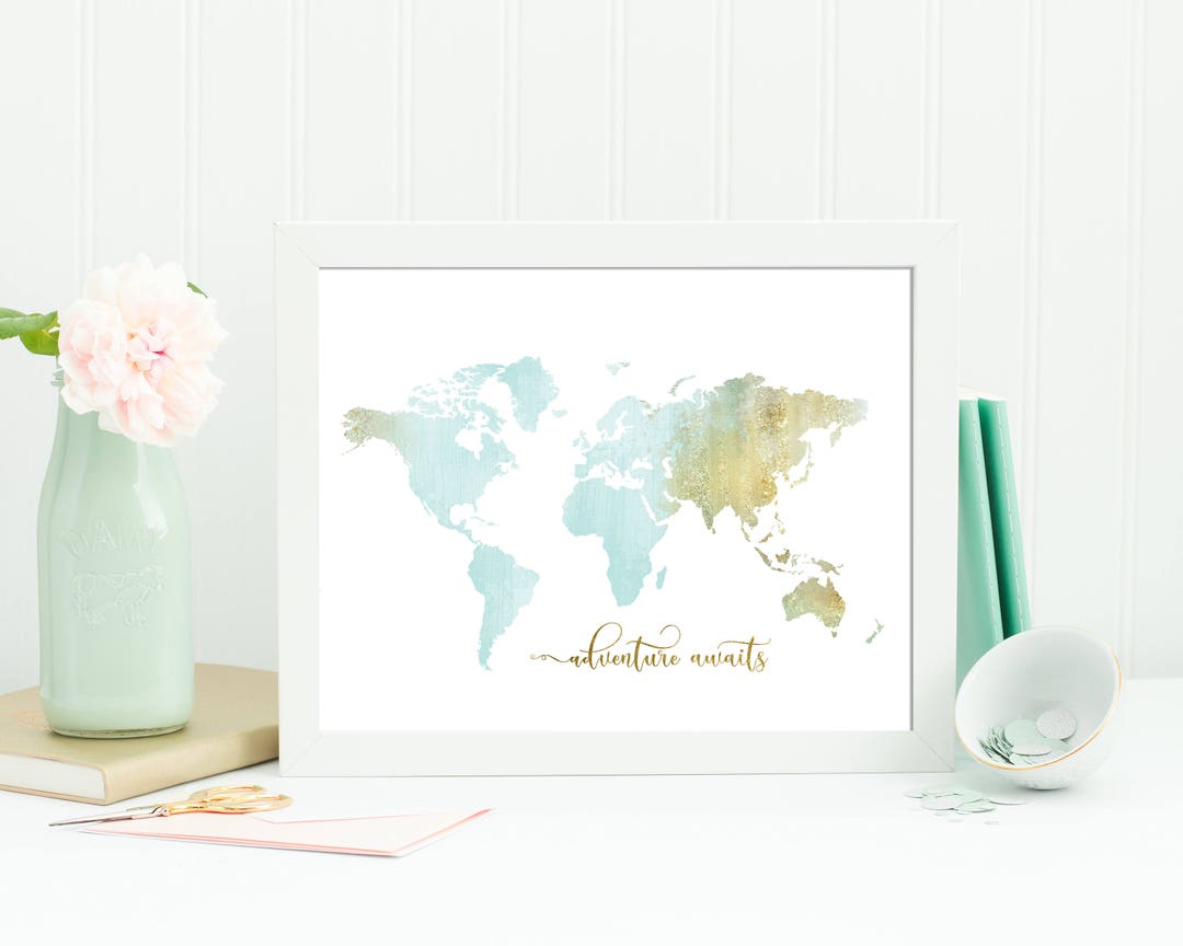 World Map, Mint and Gold, Nursery Decor, Adventure Awaits, World Map ...
