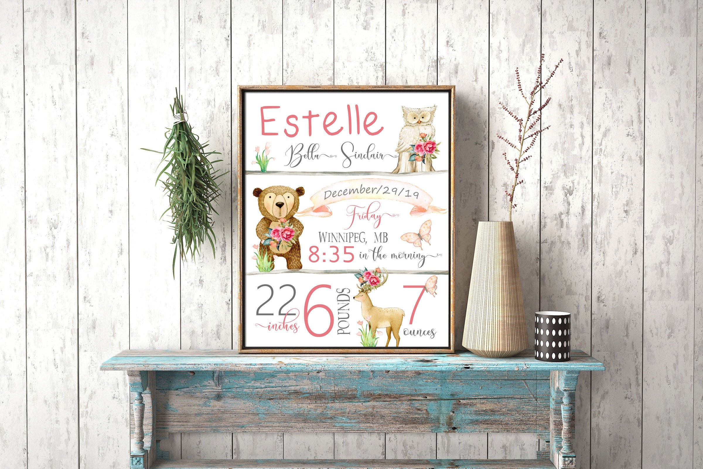 Woodland, Birth Stats, Personalized Gift, Custom, Owl, Printable ...