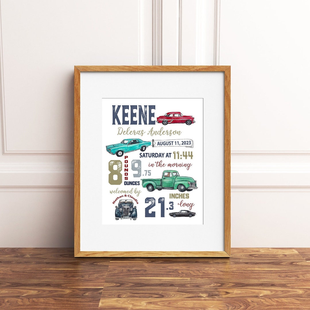 Vintage Car Nursery | Classic Car Birth Announcement | Baby Boy Gift ...