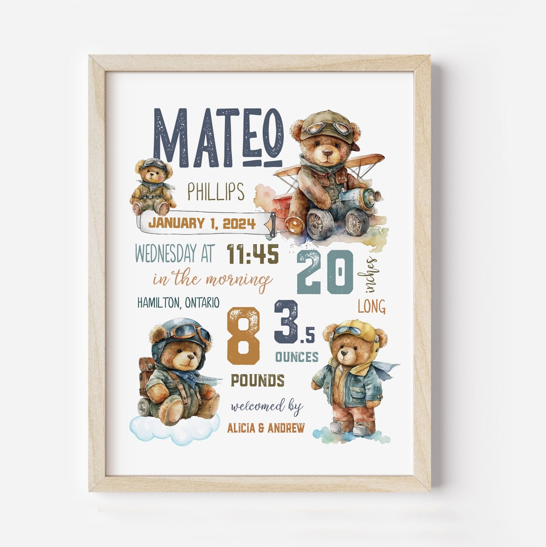 Teddy Bear Baby Gift | Pilot Nursery Decor | Newborn Birth Stats | Baby ...