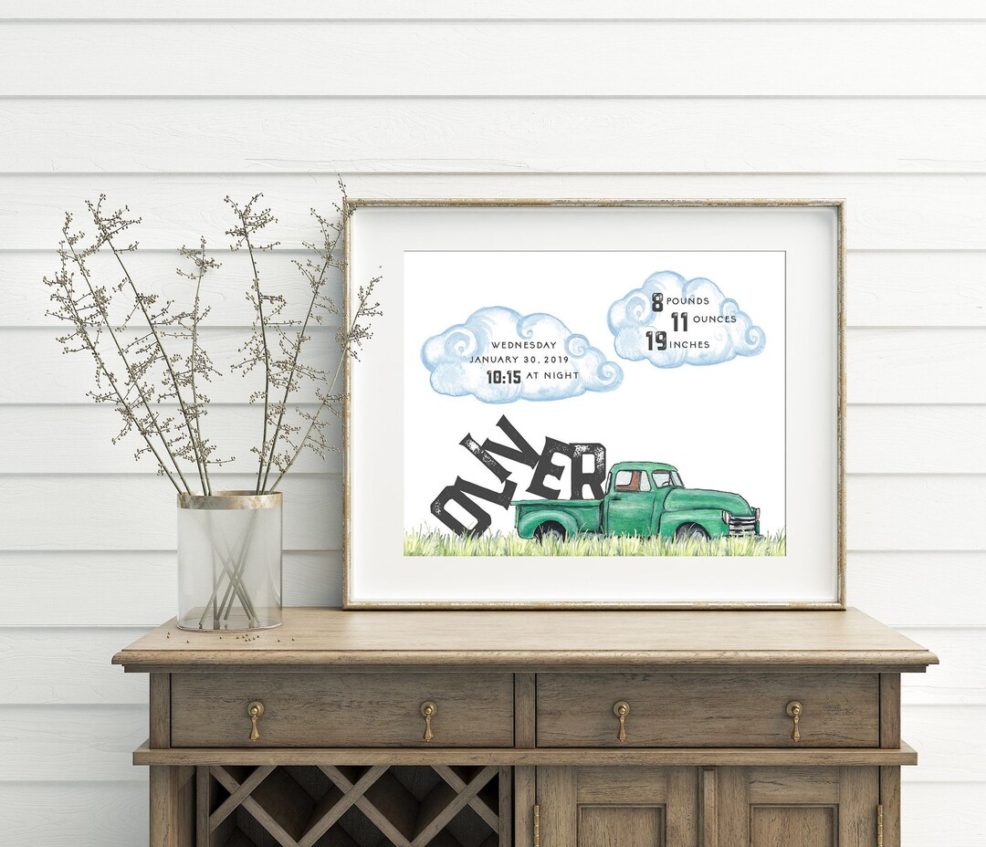 Vintage Truck, Car Nursery, Birth Stats, Birth Details, Newborn Gift ...