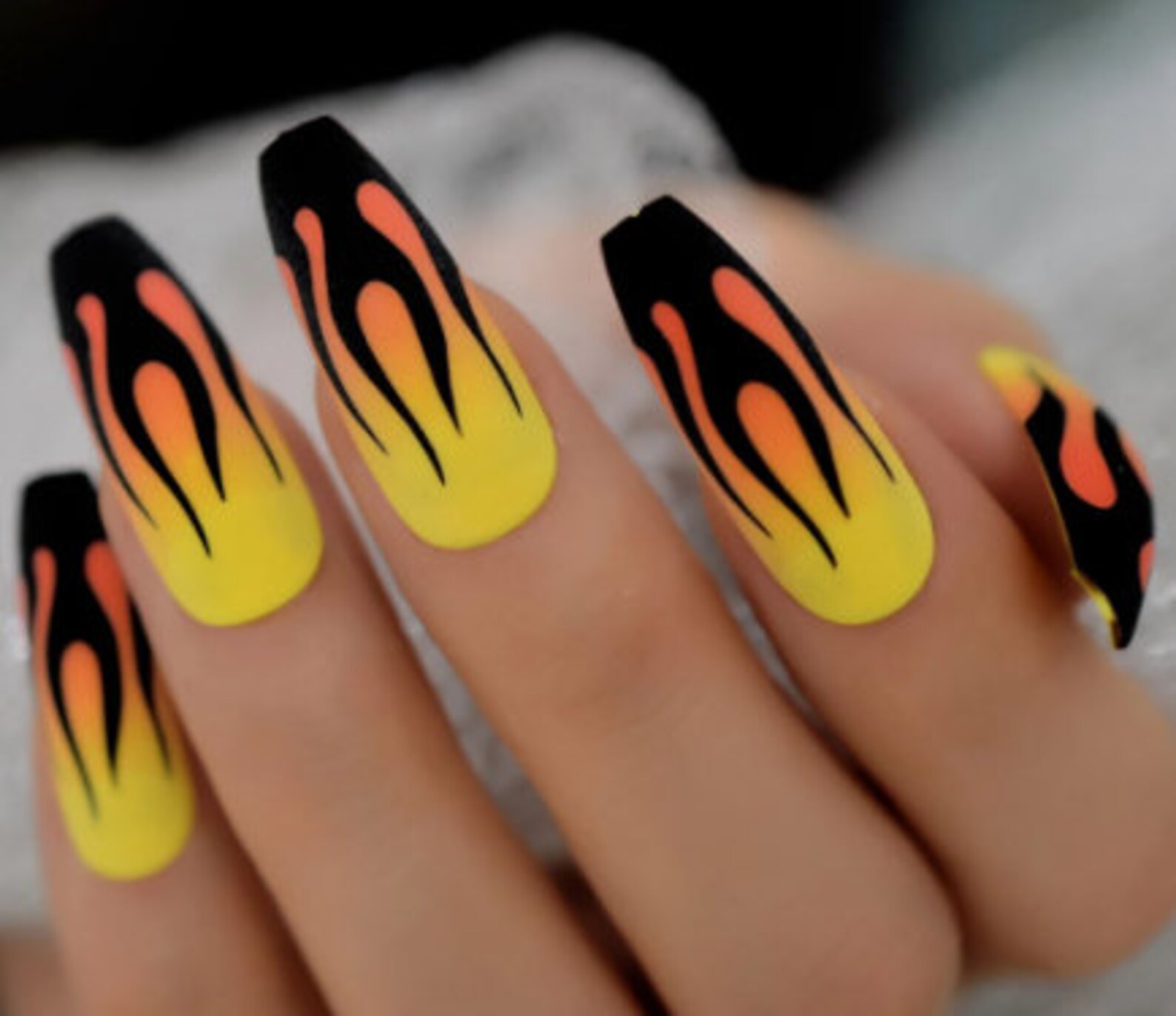 24 Extra Long Matte Flame Press On Nails Yellow Black Fire Etsy