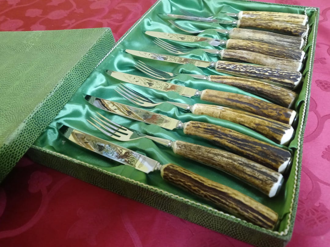 Anton Wingen Solingen Germany Set of 6 Steak Knives and 6 Forks, Antler ...