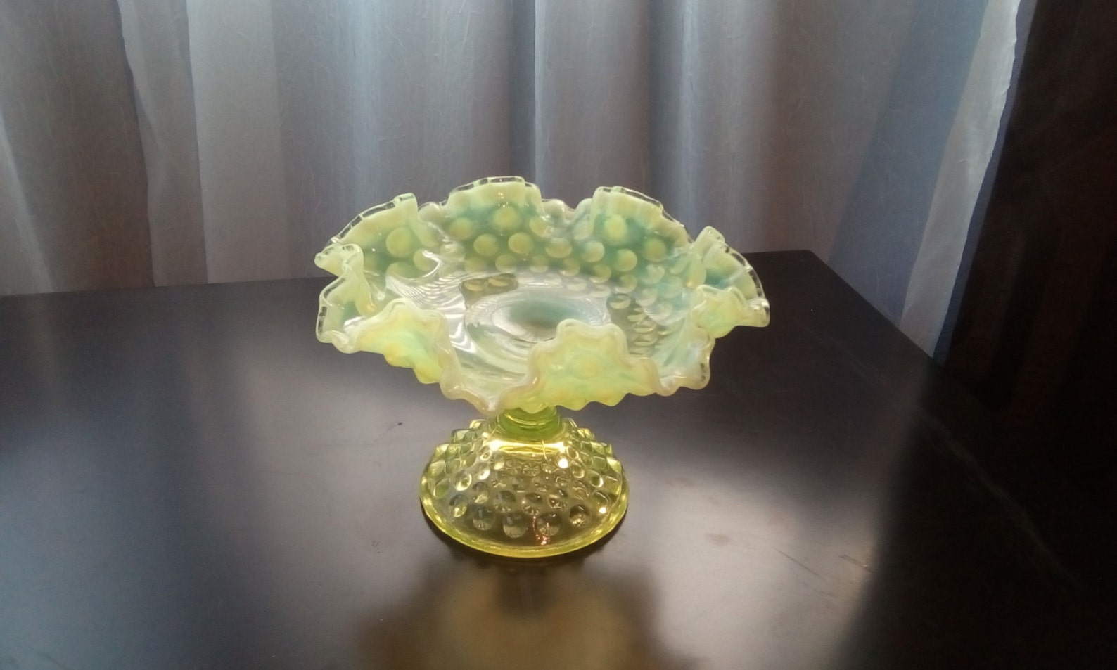 Fenton Topaz Opalescent Hobnail Ruffled Footed Compote, Vintage Fenton ...