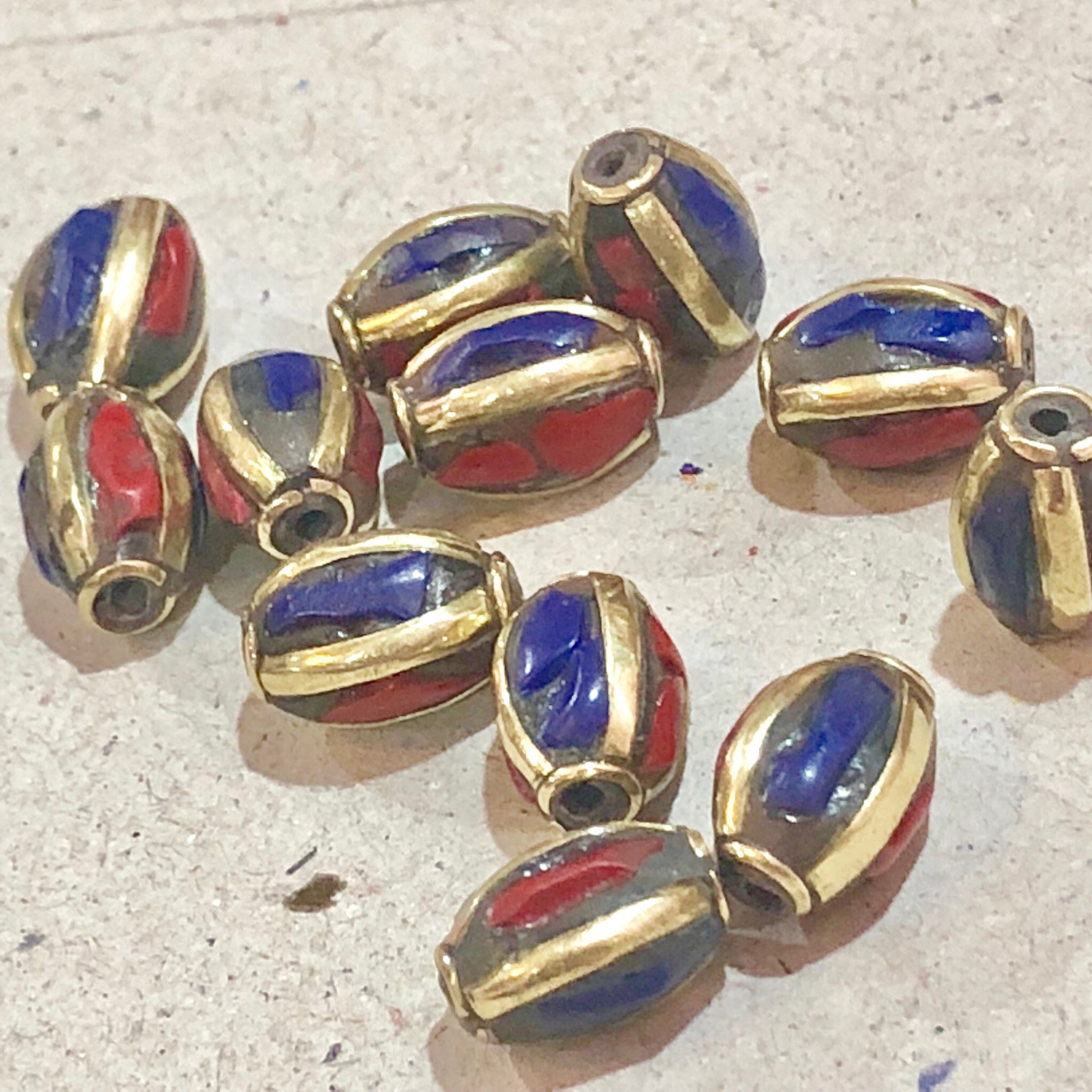 4pcs Tibetan Handmade Gemstone Beads, Brass Coral Inlay - 12mm X 8mm - Etsy