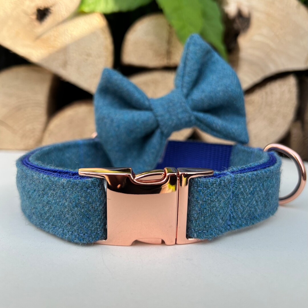 Aqua Marine Blue Tweed Dog Collar Optional Bow and Lead Rose Gold Metal ...