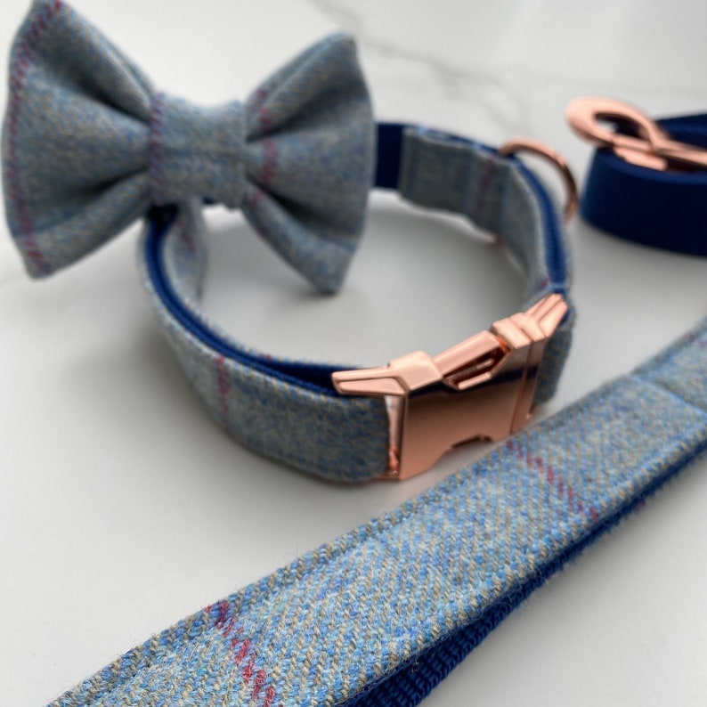 Periwinkle Blue Grey Pink Tweed Dog Collar Bow Lead Set Rose | Etsy