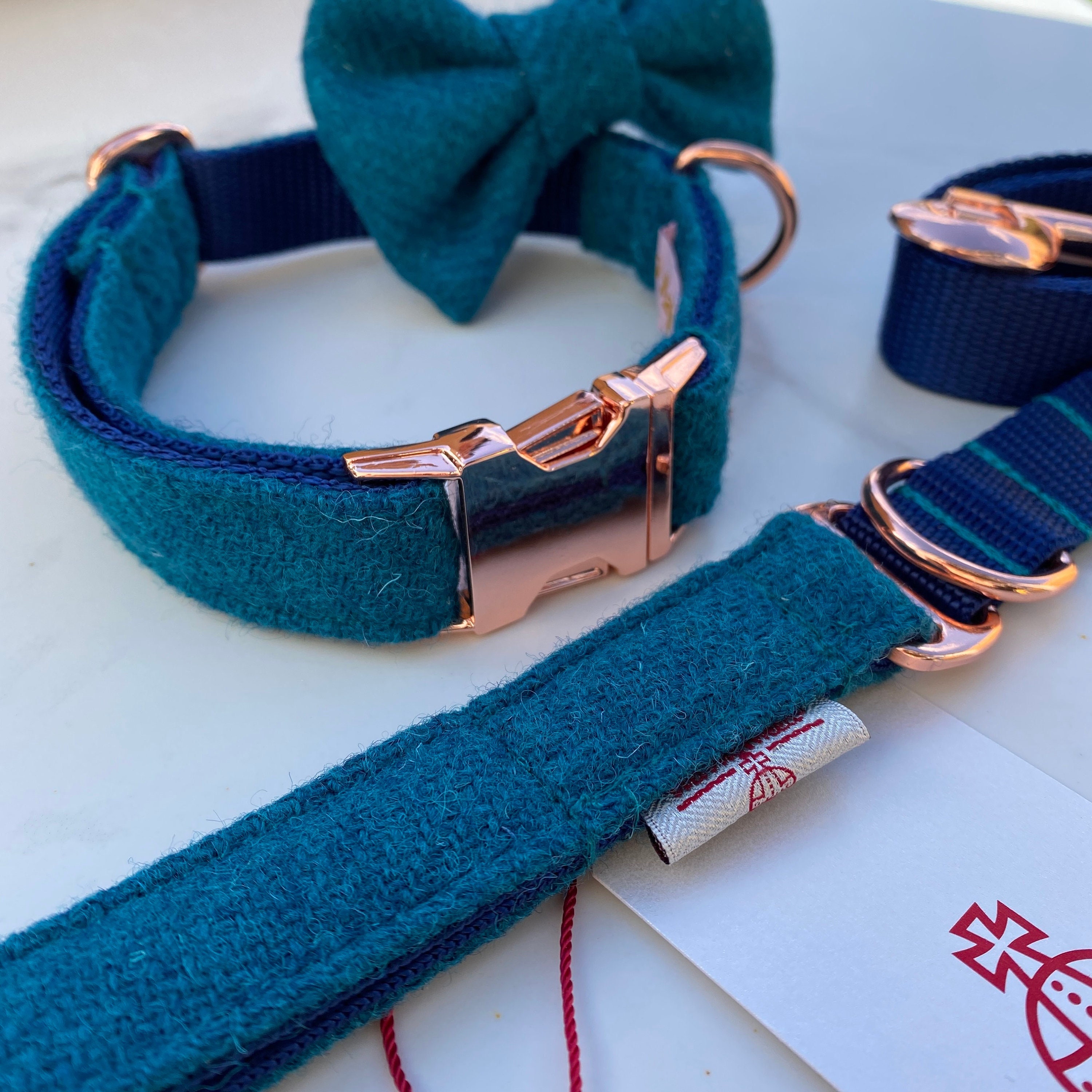 Turquoise Aqua Blue Harris Tweed® Dog Collar Optional Bow Lead Rose ...