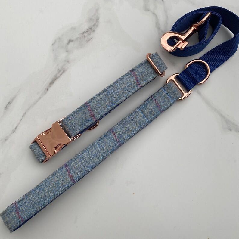 Periwinkle Blue Grey Pink Tweed Dog Collar Bow Lead Set Rose | Etsy