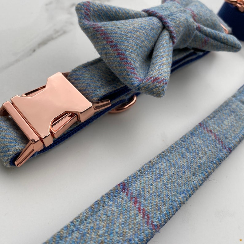 Periwinkle Blue Grey Pink Tweed Dog Collar Bow Lead Set Rose | Etsy