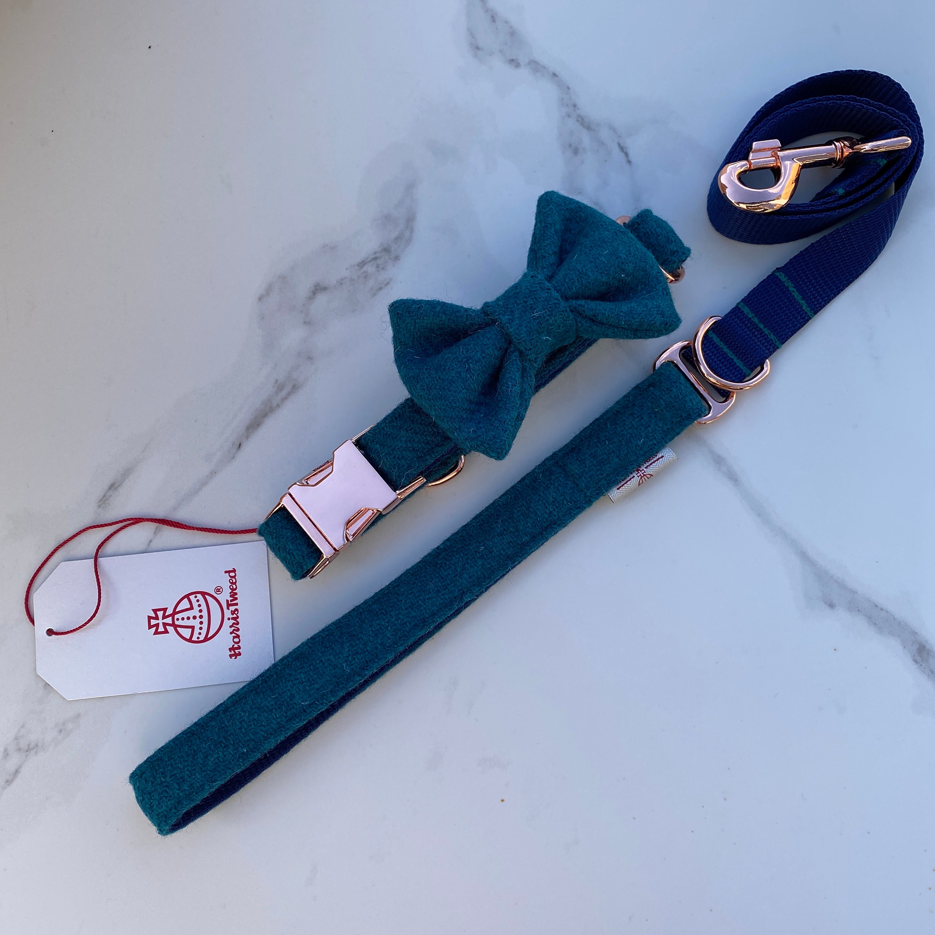 Turquoise Aqua Blue Harris Tweed® Dog Collar Optional Bow Lead Rose ...