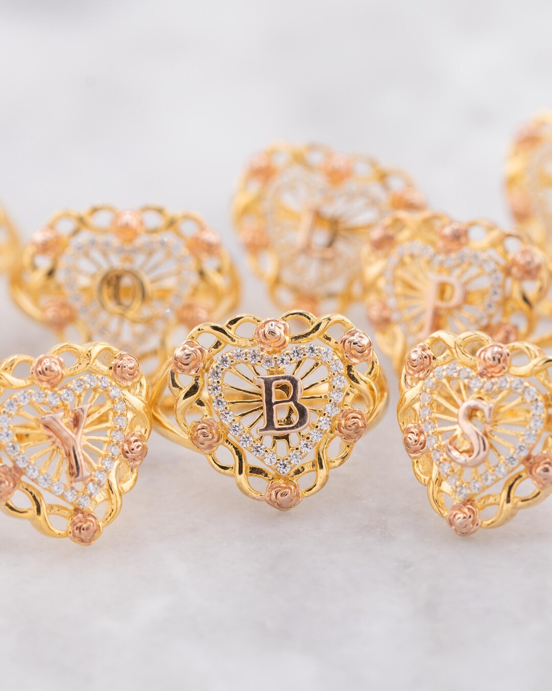 Rose Heart Initial Ring Sterling Silver - Etsy