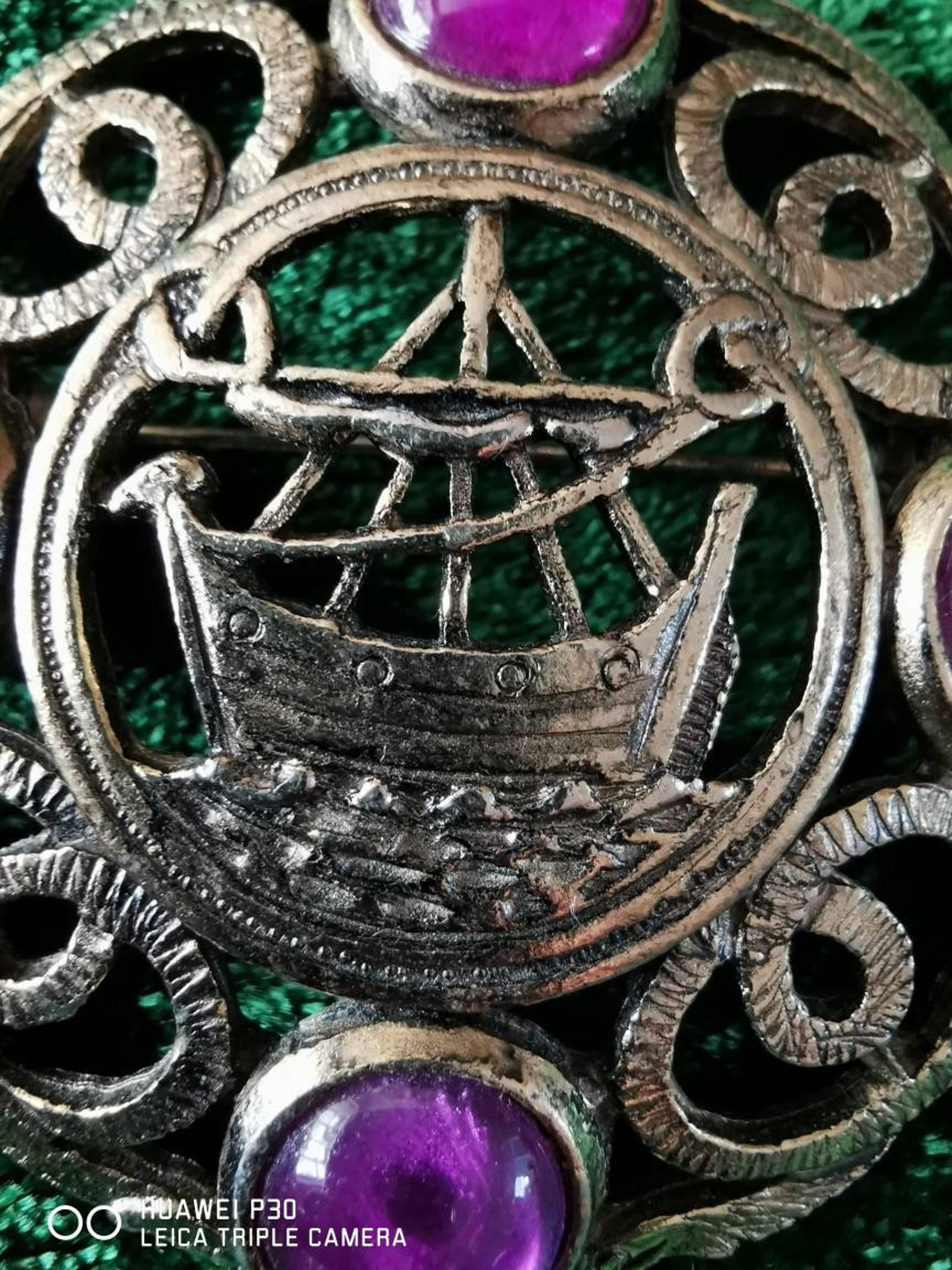 Two Lovely Vintage Brooches. Brass Viking Ship Design & Handmade Stone ...