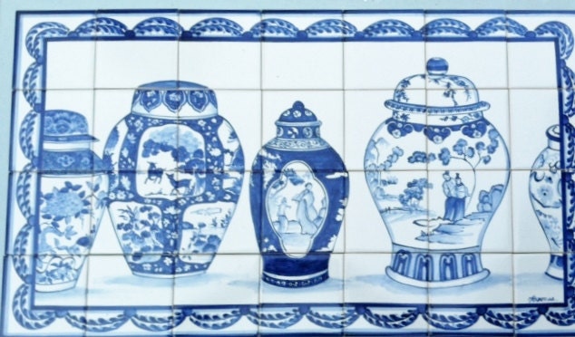 Hand Painted Blue and White Ceramic Tile Mural - Etsy