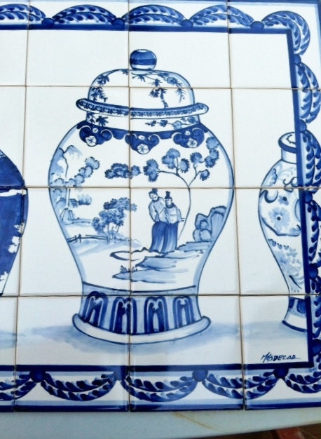 Hand Painted Blue and White Ceramic Tile Mural - Etsy