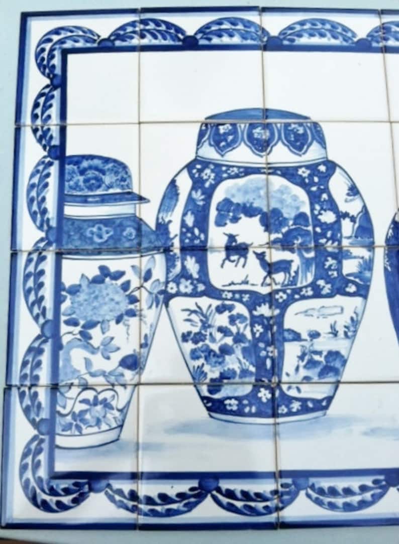 Hand Painted Blue and White Ceramic Tile Mural - Etsy