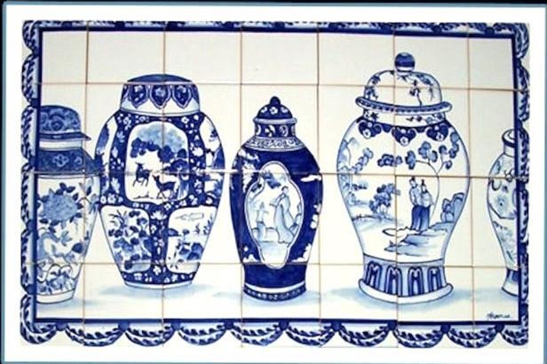 Hand Painted Blue and White Ceramic Tile Mural - Etsy