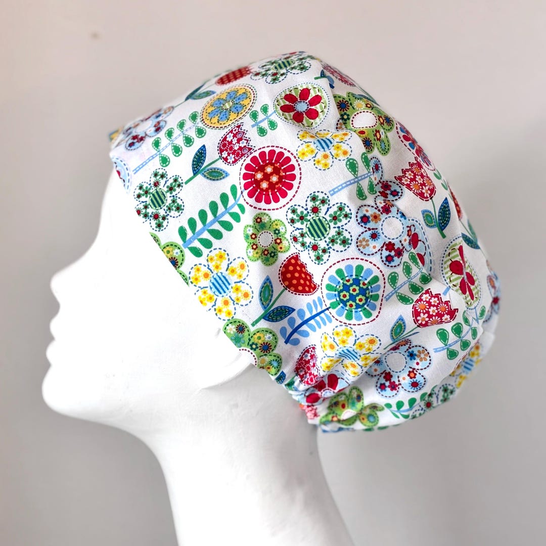 RETRO EMBROIDERED FLOWERS European Style Surgical Scrub Cap or Snood ...