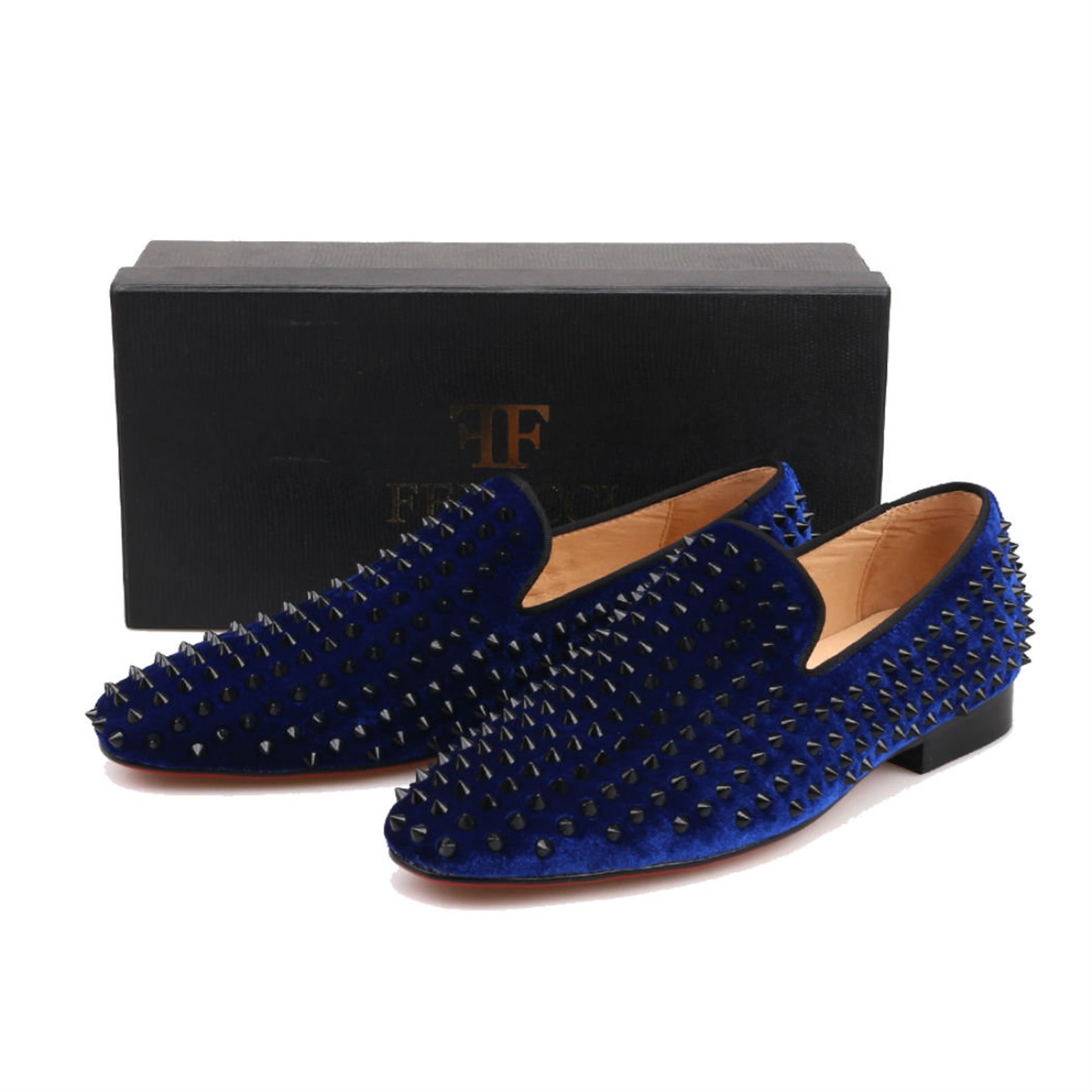 FERUCCI Blue Velvet Slippers Loafers Flat With Black Spikes Rivets Prom ...