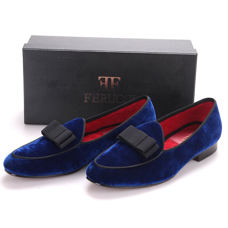 FERUCCI Blue Velvet Slippers Loafers With Black Bow Flats Prom Wedding ...