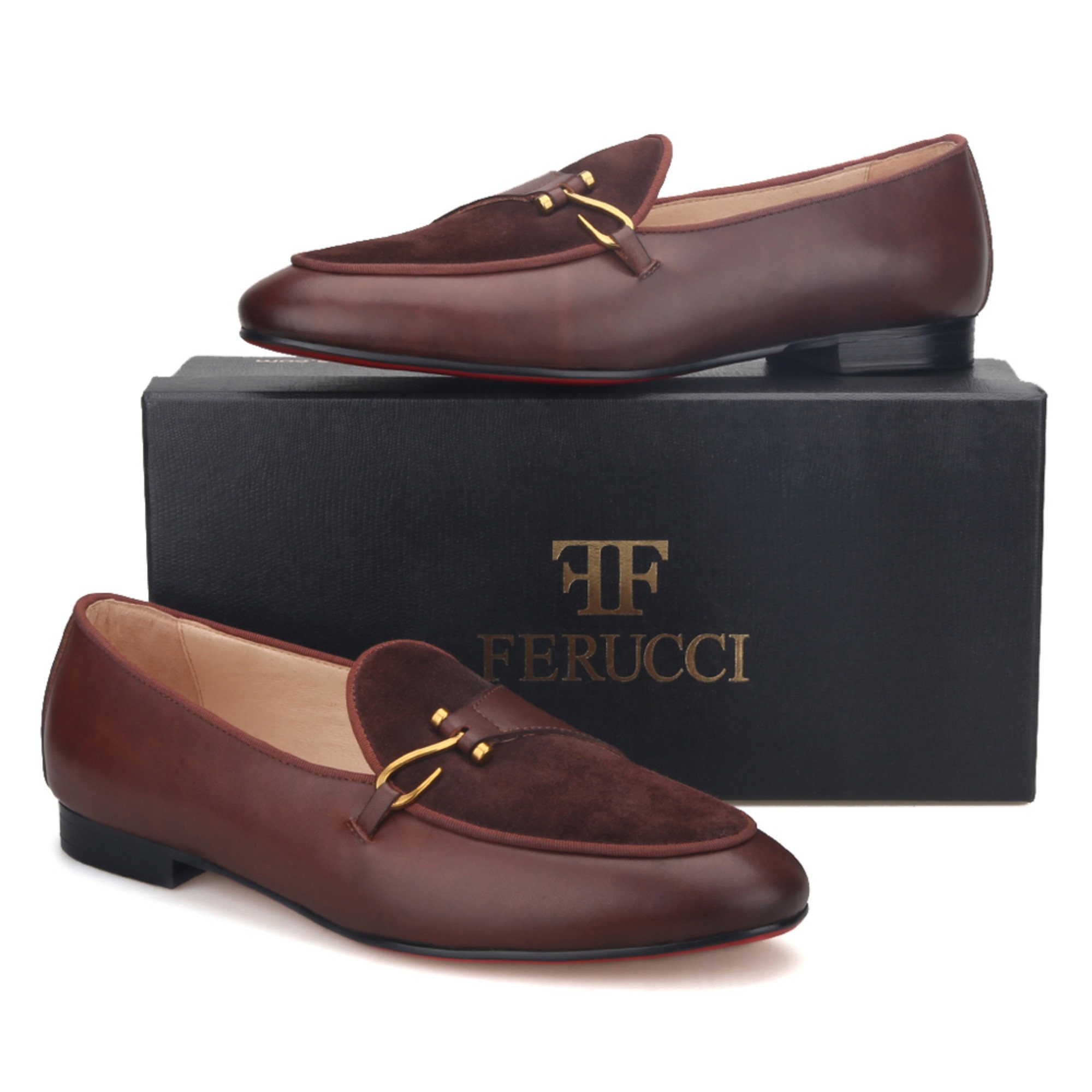 FERUCCI Brown Leather Slippers Loafers With Buckle Prom Wedding - Etsy