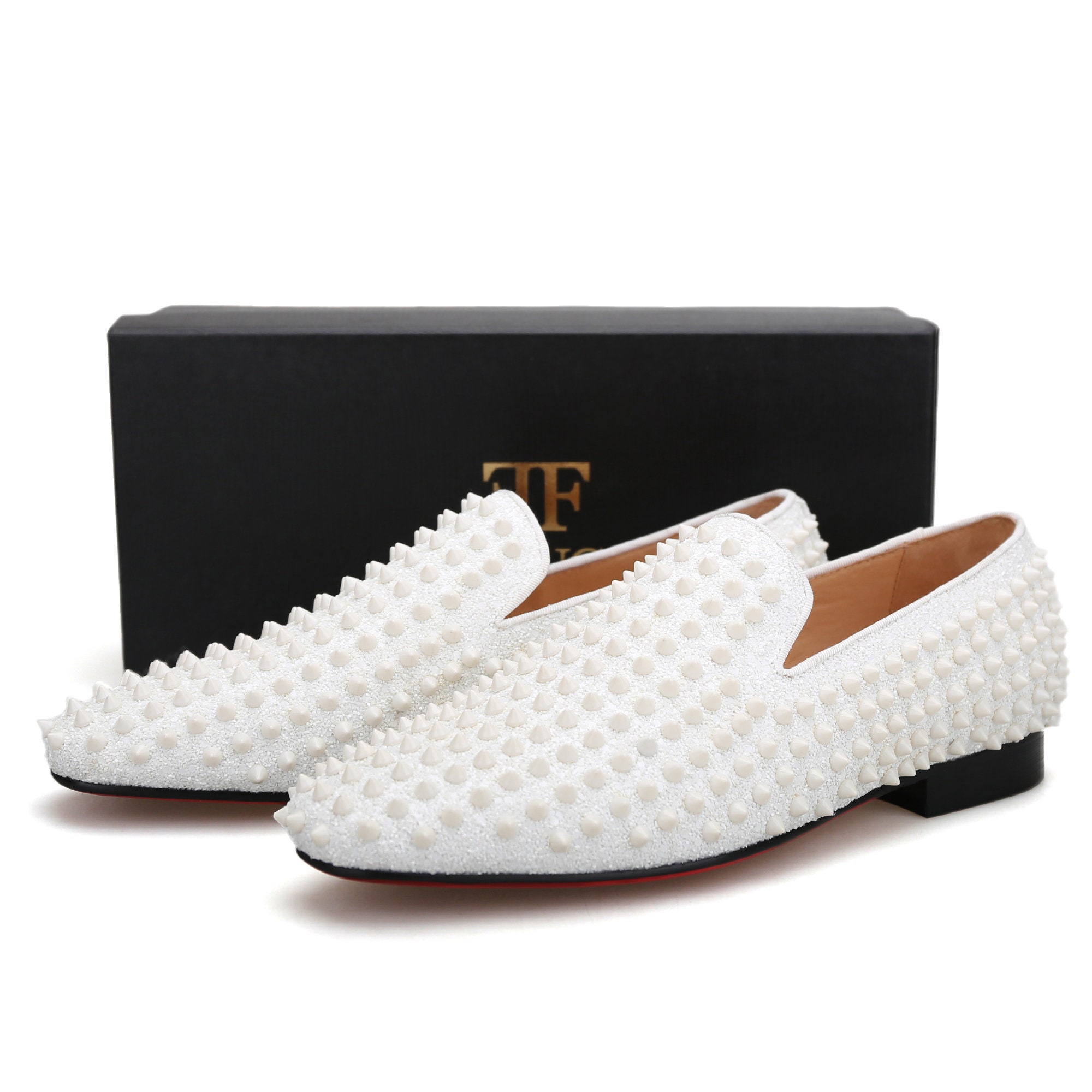 FERUCCI White Spikes Slippers Loafers Flat With Crystal GZ Rhinestone ...