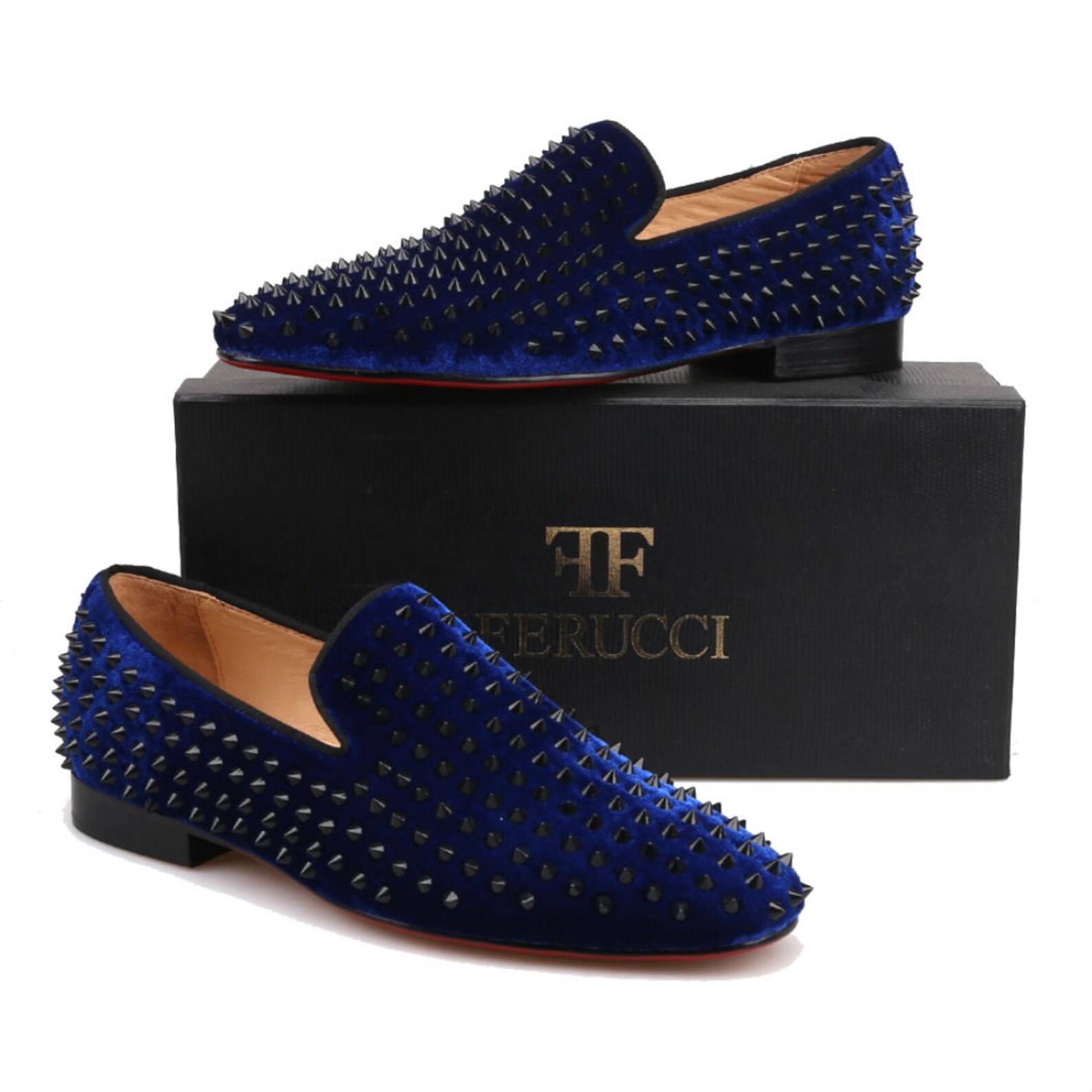 FERUCCI Blue Velvet Slippers Loafers Flat With Black Spikes Rivets Prom ...