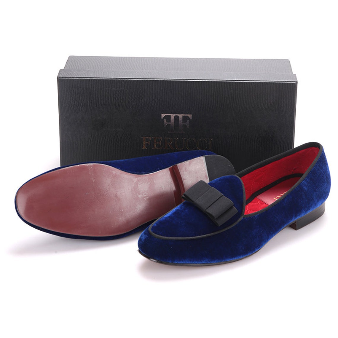FERUCCI Blue Velvet Slippers Loafers With Black Bow Flats Prom Wedding ...
