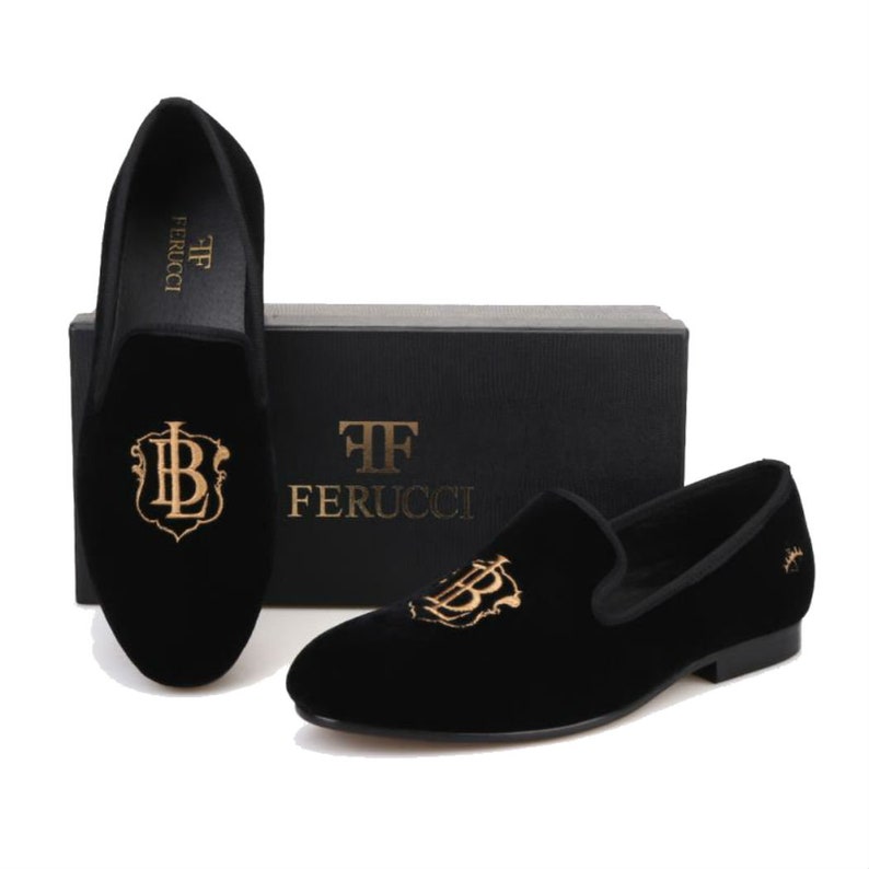 FERUCCI Men Black Velvet Slippers Loafers Flats With Embroidered Bl ...