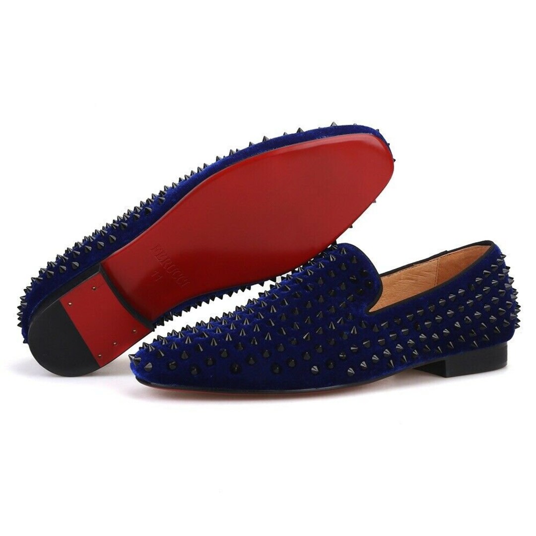 FERUCCI Blue Velvet Slippers Loafers Flat With Black Spikes Rivets Prom ...