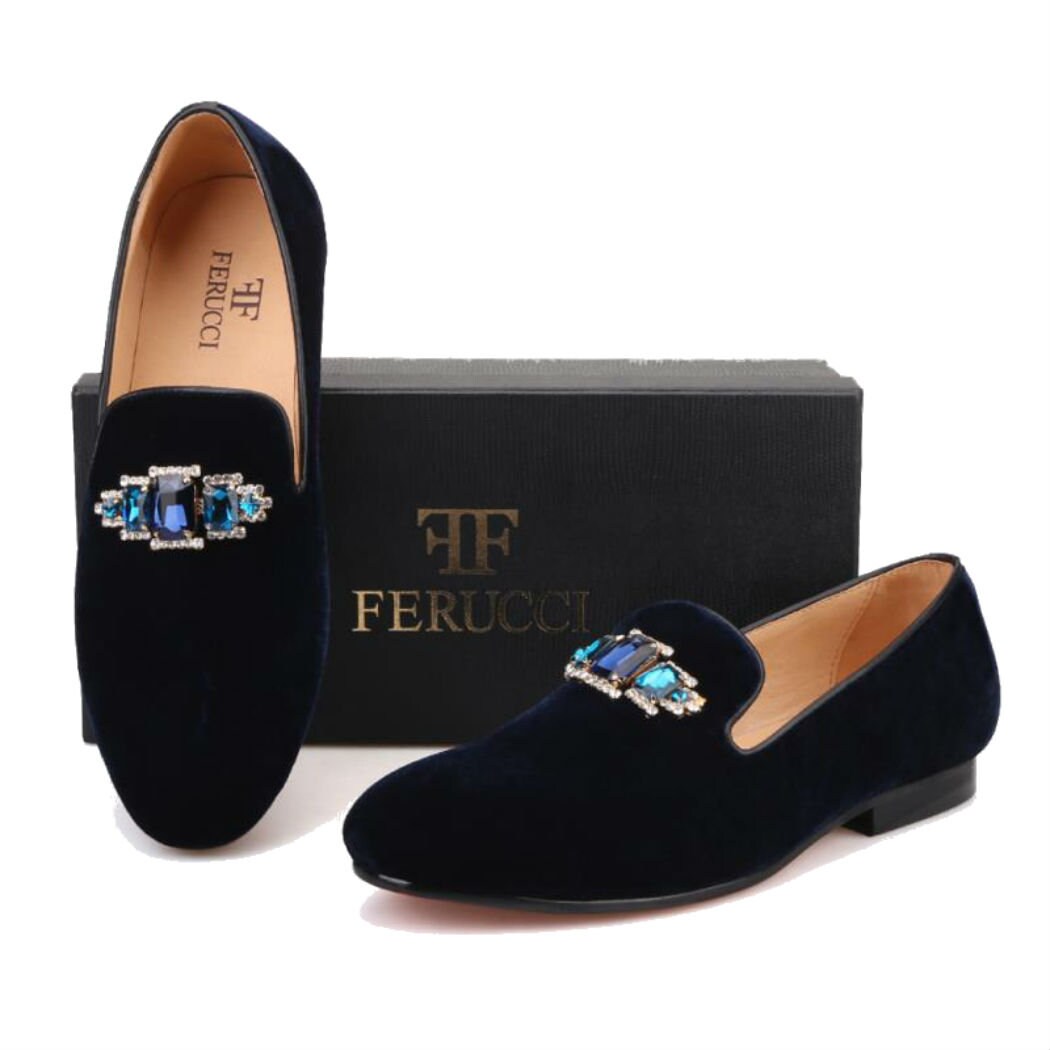 FERUCCI Men Navy Blue Velvet Slippers Loafers Flats With Blue Brooch ...