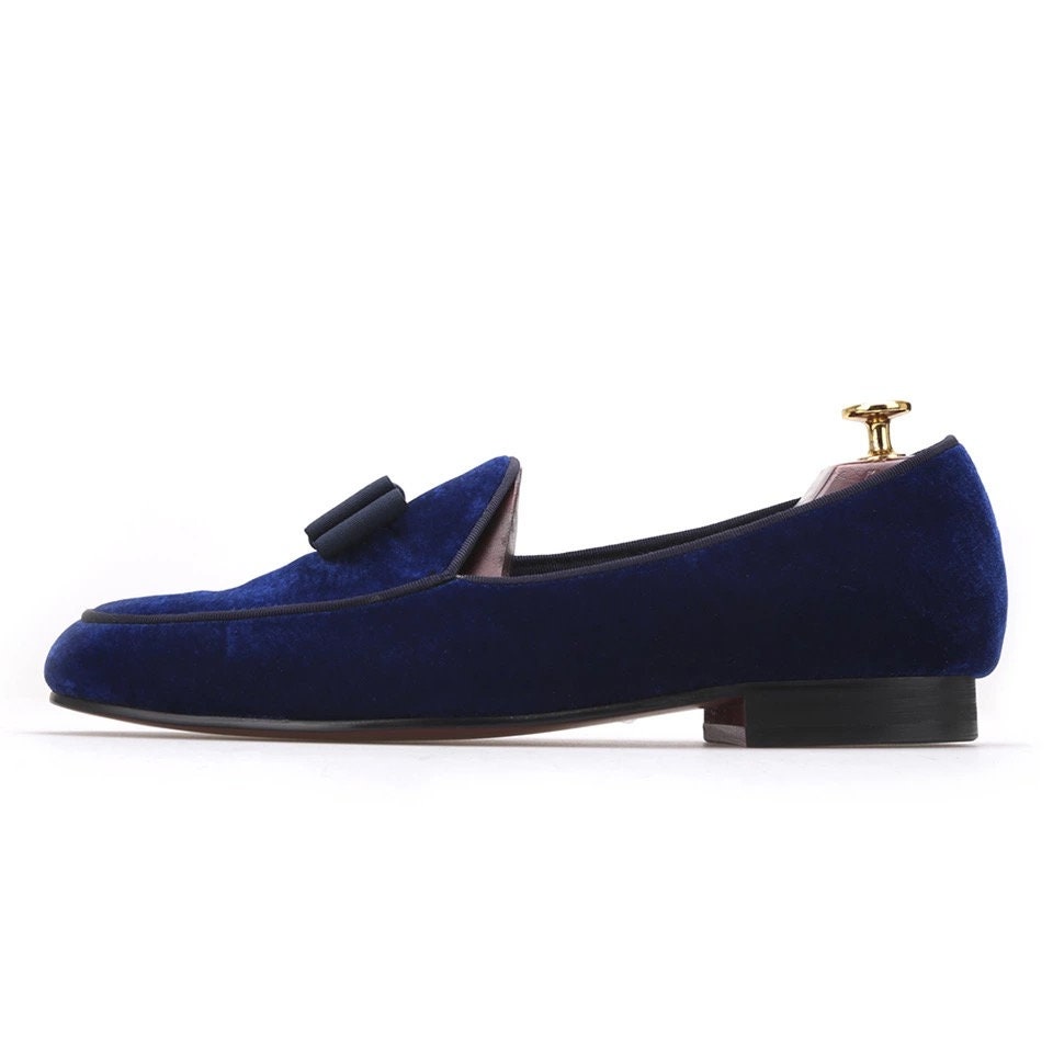 FERUCCI Blue Velvet Slippers Loafers With Black Bow Flats Prom Wedding ...