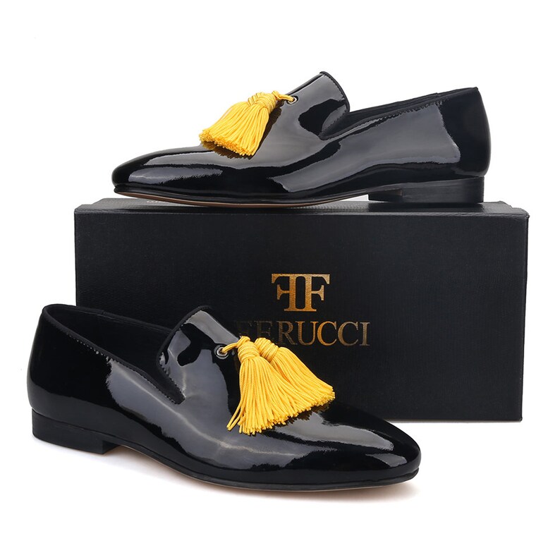 FERUCCI Black Patent Leather Slippers Loafers With Gold Tassel - Etsy