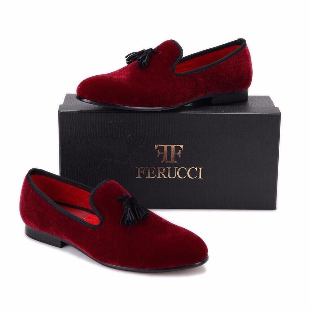 FERUCCI Burgundy Velvet Slippers Loafers With Black Tassel Prom Wedding ...
