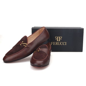 FERUCCI Brown Leather Slippers Loafers With Buckle Prom Wedding - Etsy
