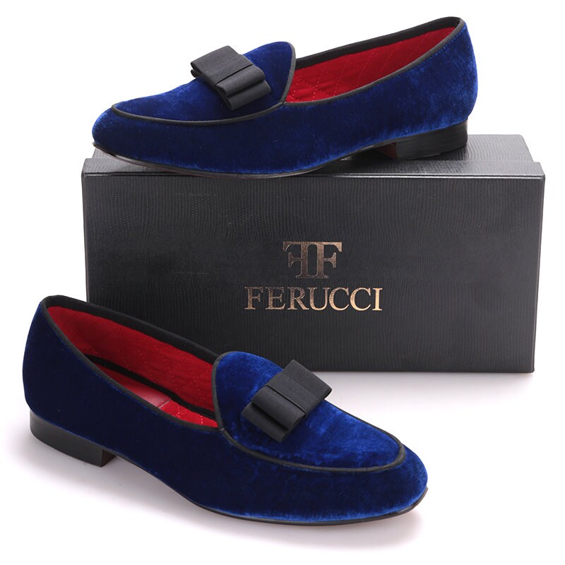 FERUCCI Blue Velvet Slippers Loafers With Black Bow Flats Prom Wedding ...