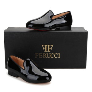 FERUCCI Kids Children Plain Black Patent Leather Slippers Loafers Shoes ...