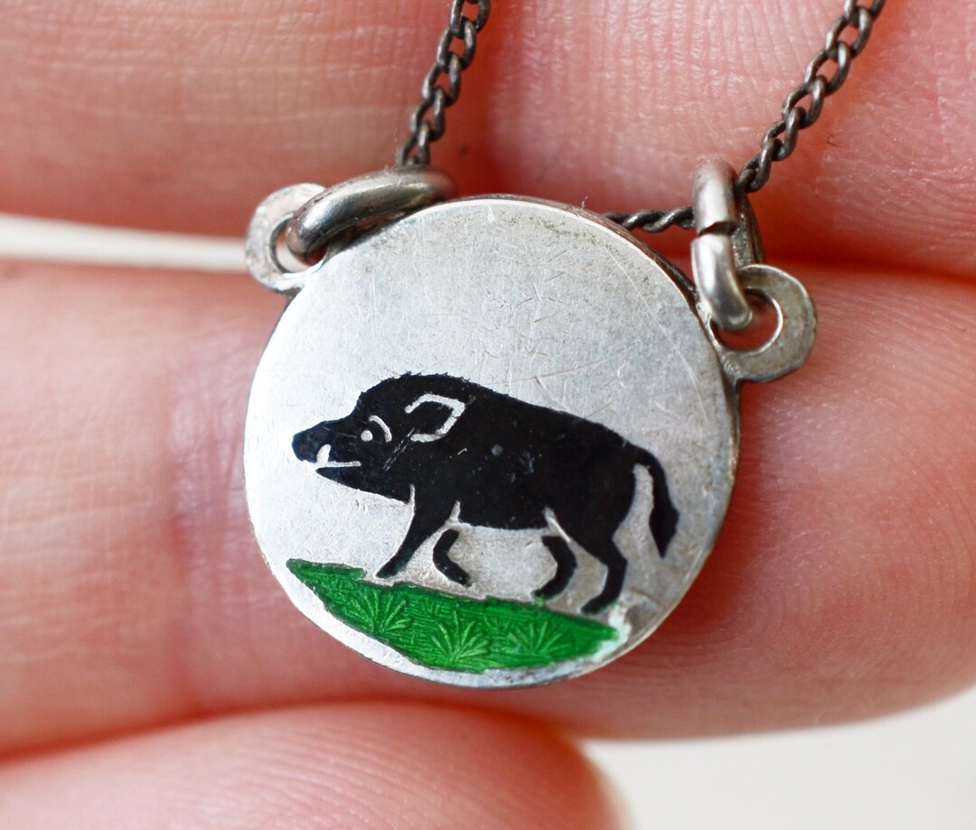 ANTIQUE Piggy on Grass Enamel Pendant, Austro-hungarian Good Luck Micro ...