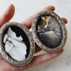 ANTIQUE Cat Nap 1 and 2, Oil on Canvas Paintings 835 Sterling Silver ...