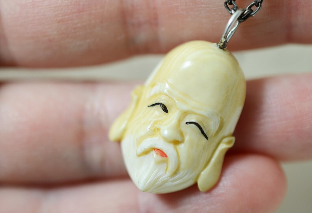 ANTIQUE Carved Bone Noh Mask Wise Spirit Sterling Silver 925 Pendant ...