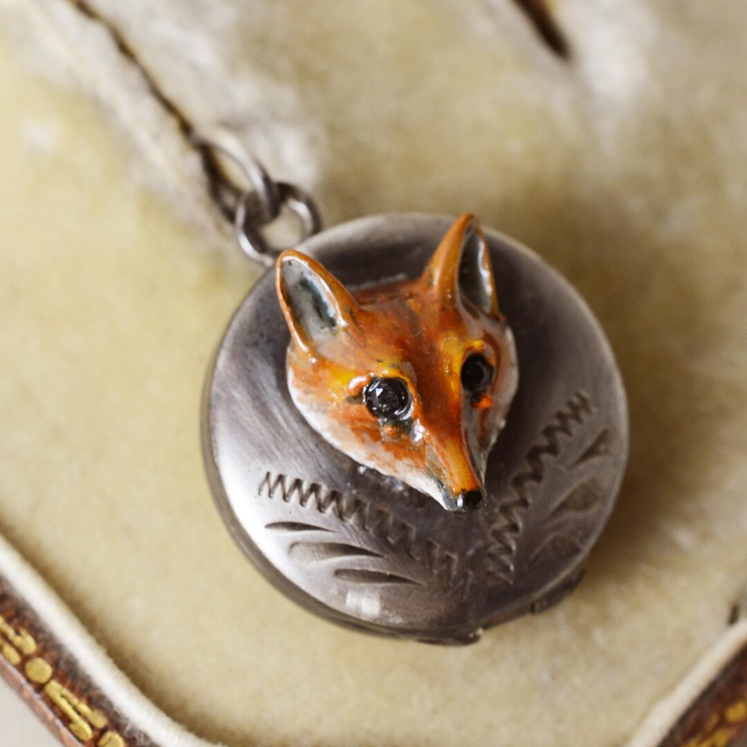 ANTIQUE, Gem Eye Fox Sterling Silver Enamel Locket, Photo or Picture ...