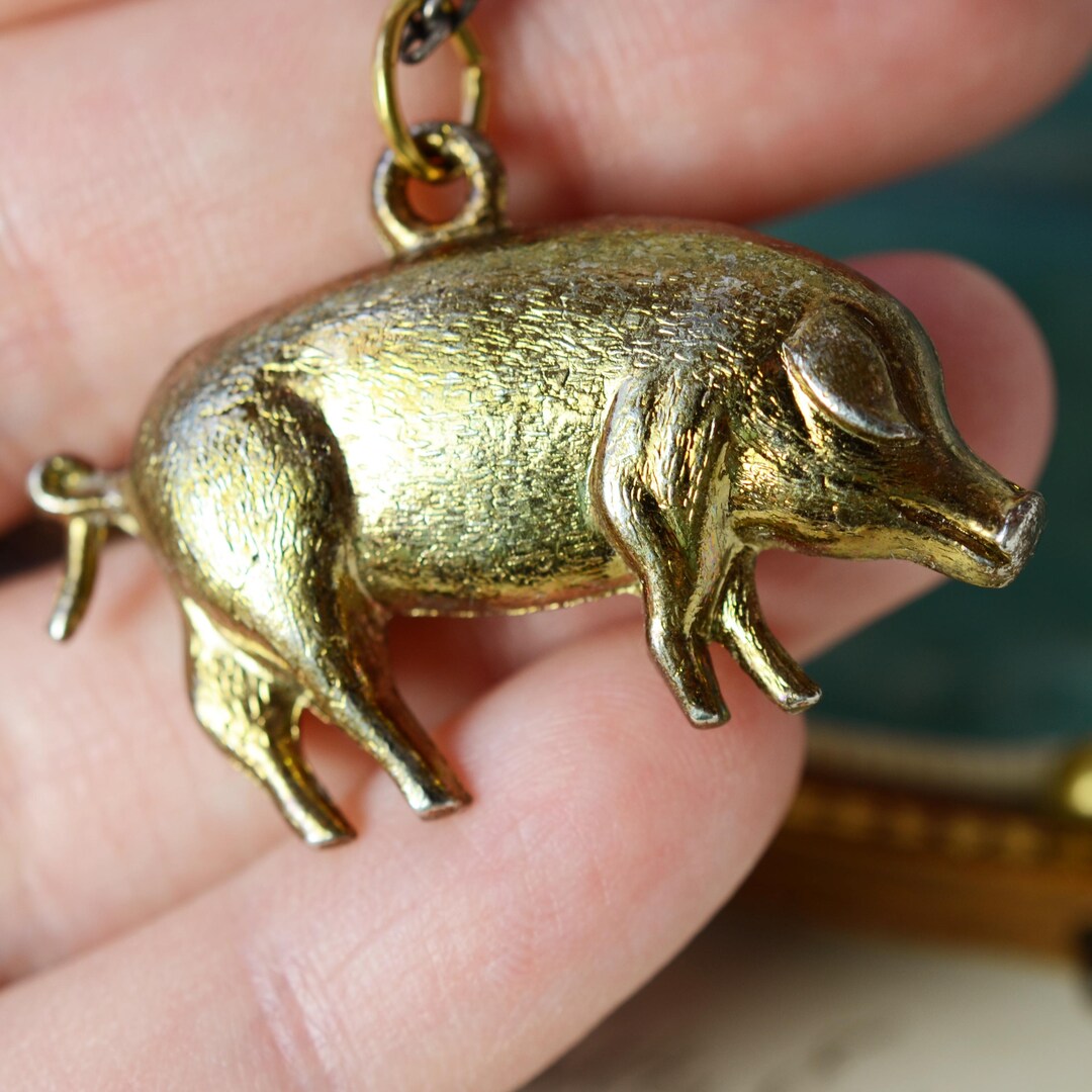ANTIQUE Lucky Piggy Enormous Pendant, Gilded Metal, Good Luck Charm ...