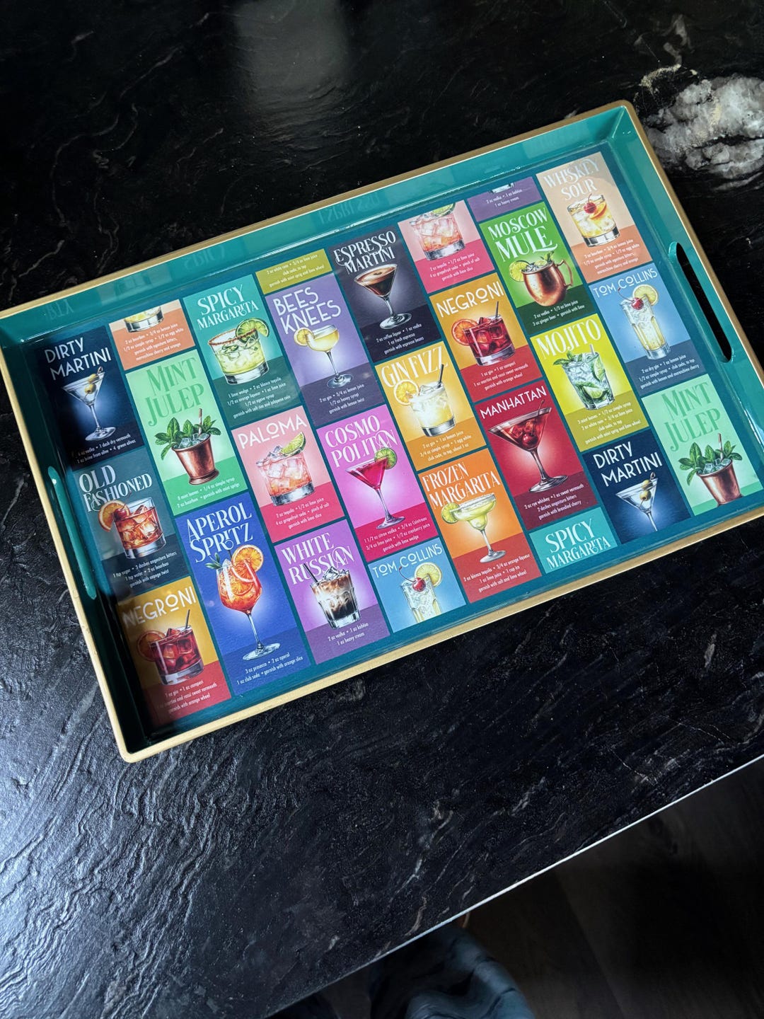 Resin Coated Cocktail Recipe Tray: Teal Bar Tray With Gold Trim - Etsy