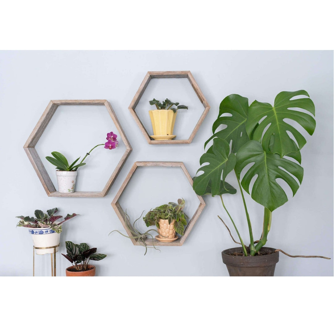 Hexagon Floating Wood Shelves (set of 3) | Honeycomb, Geometric ...