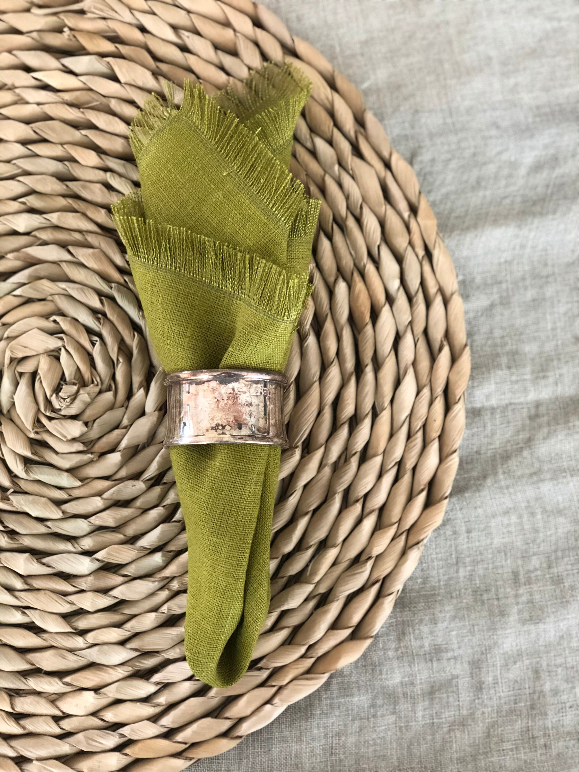 Green Linen Napkins With Frayed Edges, Cloth Dining Napkins, Frayed ...