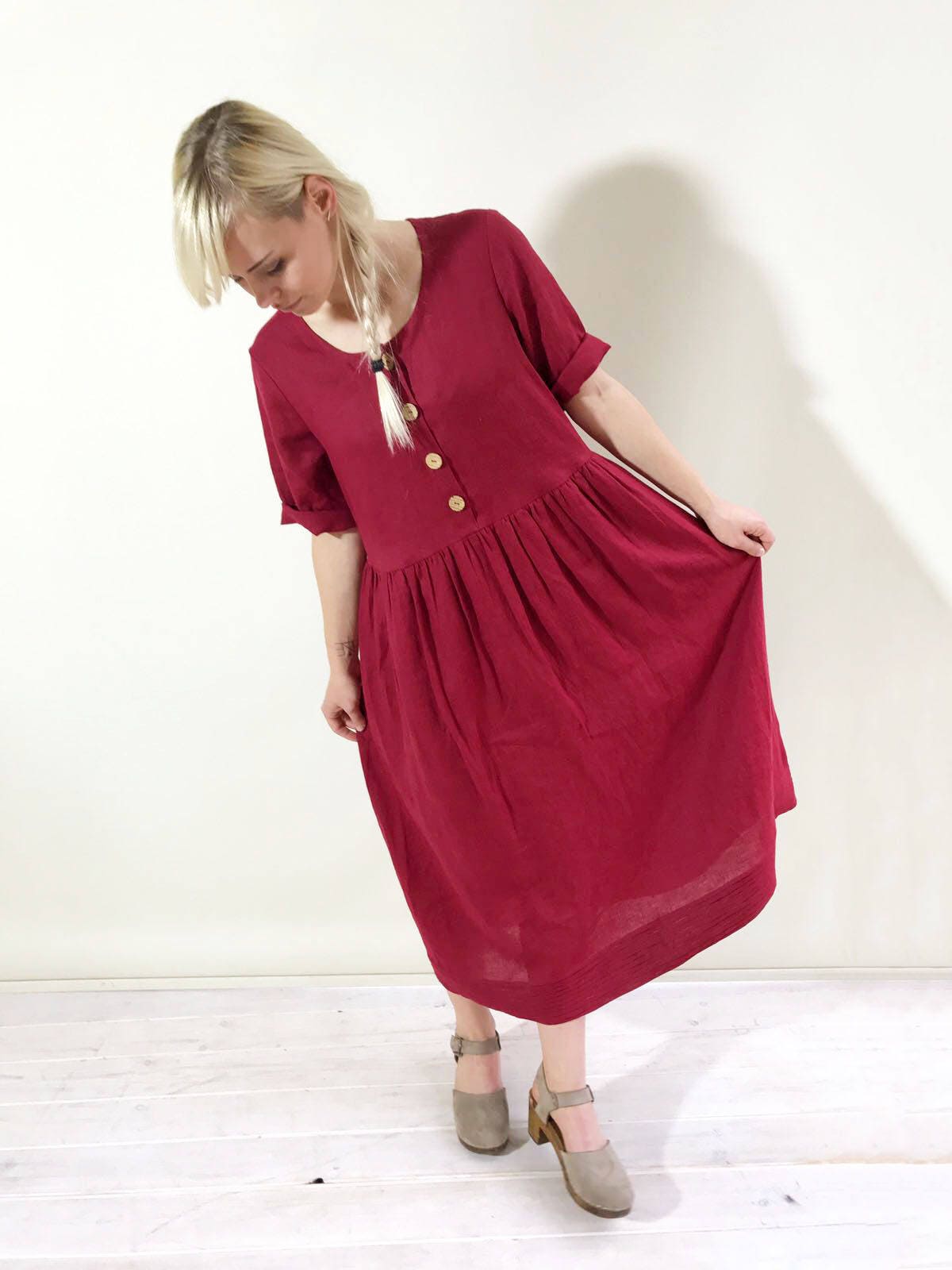 Red Linen Dress With Short Sleeves Light Linen Summer Dress - Etsy
