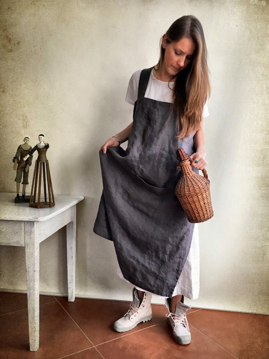 Linen Pinafore Apron, Linen Apron, Crafts Apron, Dark Pinafore Dress ...