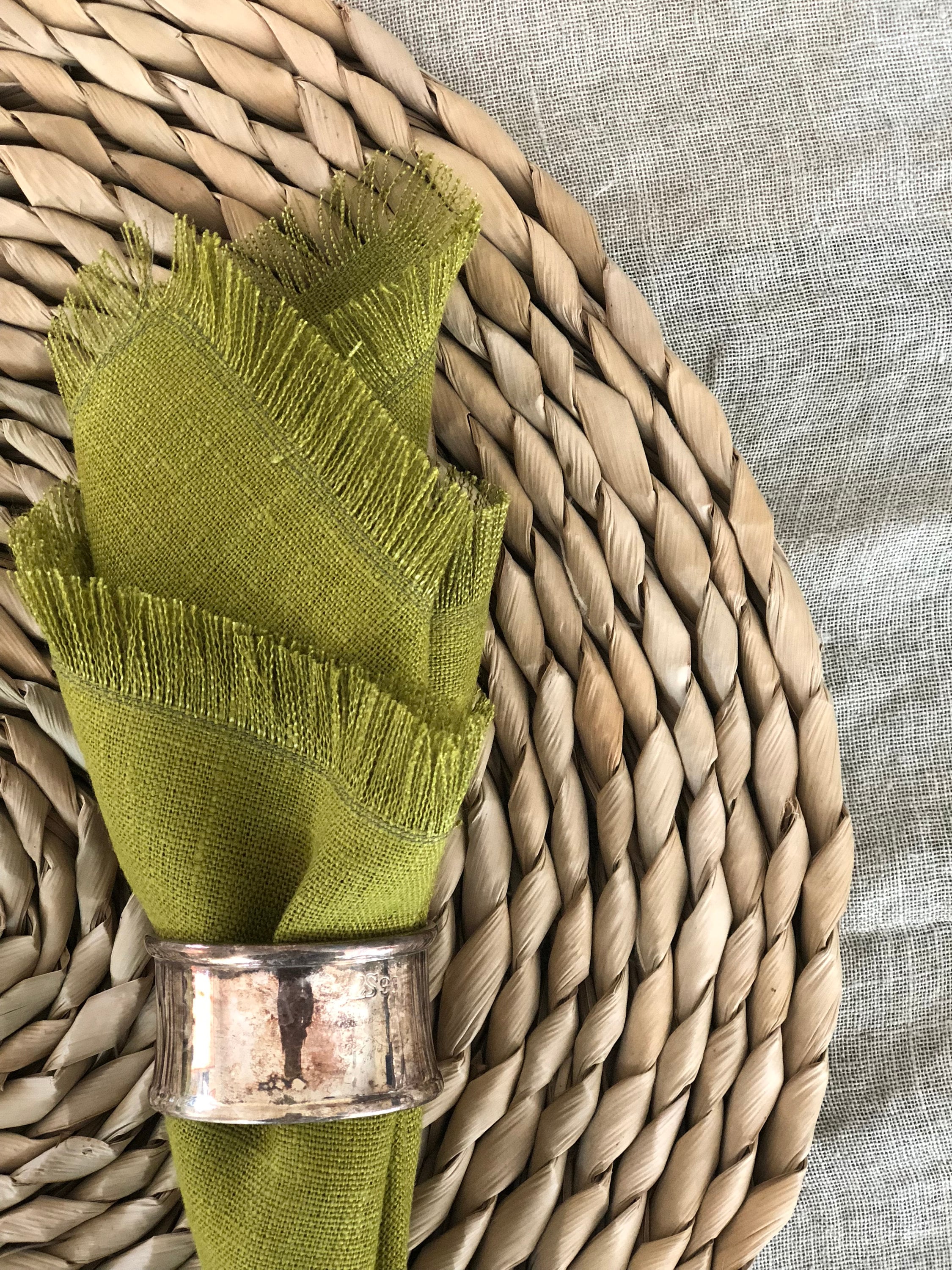 Green Linen Napkins With Frayed Edges, Cloth Dining Napkins, Frayed ...