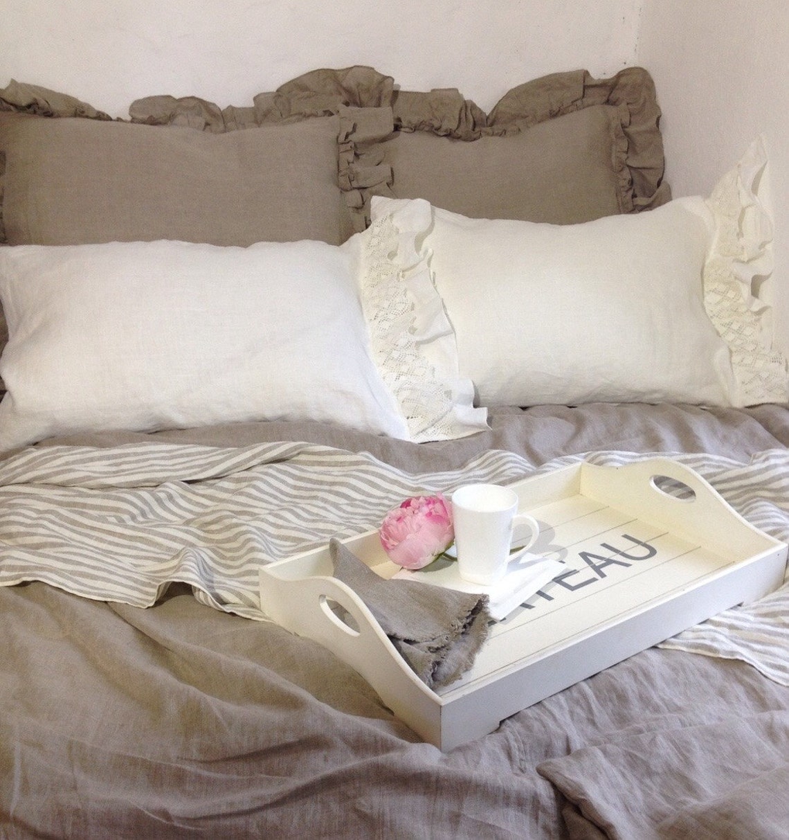 Linen Pillowcase With Lace and Ruffles, Romantic Pillowcase, Antique ...
