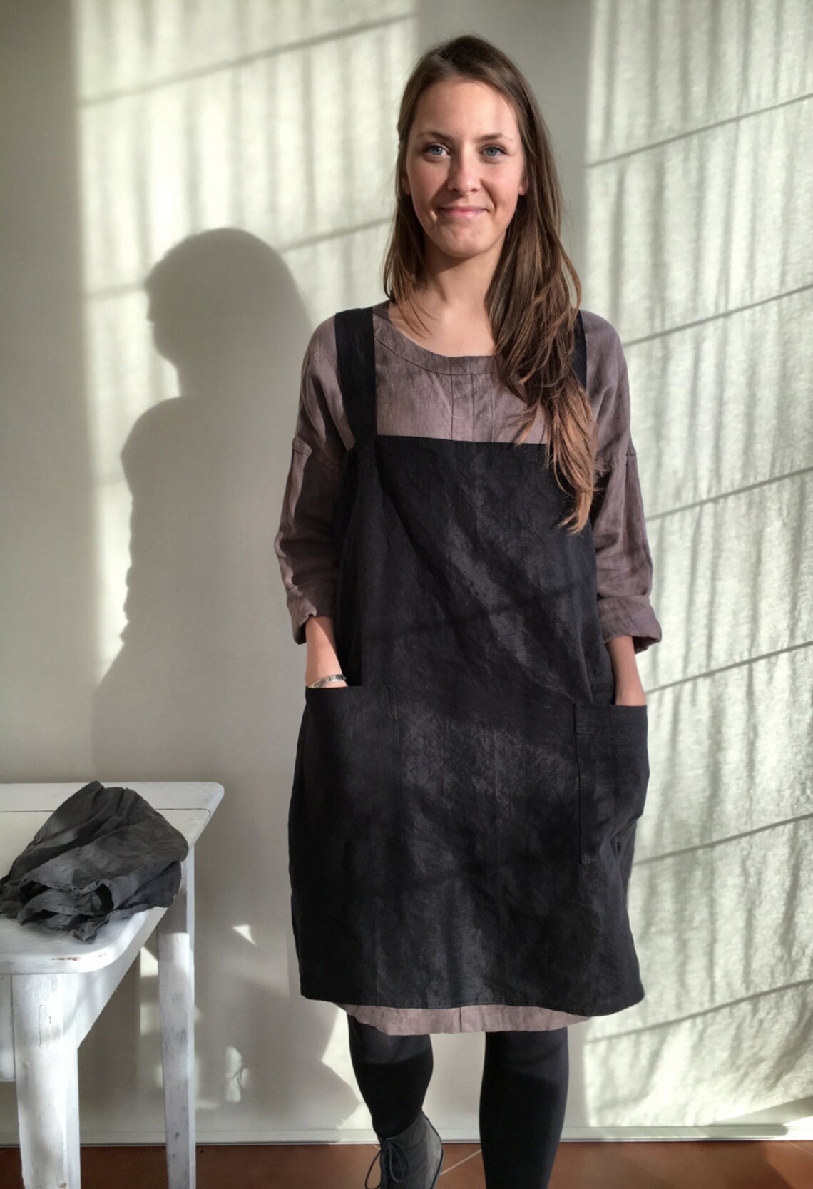 Linen Pinafore Apron, Linen Apron, Dark Pinafore Woman, Square-cross ...